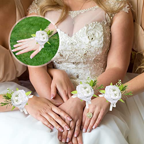 10 Pcs Ivory Rose Wrist Corsage Wristlet Band Prom Hand Flower Bride Wrist Corsage White Wedding Corsage Bracelet Bridesmaid Wristband for Women Homecoming Bridal Shower Accessories (Pearl Style)