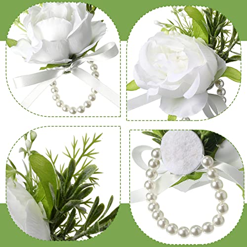 10 Pcs Ivory Rose Wrist Corsage Wristlet Band Prom Hand Flower Bride Wrist Corsage White Wedding Corsage Bracelet Bridesmaid Wristband for Women Homecoming Bridal Shower Accessories (Pearl Style)