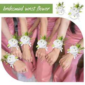 10 Pcs Ivory Rose Wrist Corsage Wristlet Band Prom Hand Flower Bride Wrist Corsage White Wedding Corsage Bracelet Bridesmaid Wristband for Women Homecoming Bridal Shower Accessories (Pearl Style)