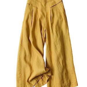 Bianstore Women's Culottes Cotton Linen Wide Leg Palazzo Pants Elastic Waist Capri Trousers with Pockets(Yellow-L)