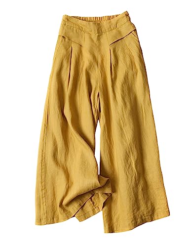 Bianstore Women's Culottes Cotton Linen Wide Leg Palazzo Pants Elastic Waist Capri Trousers with Pockets(Yellow-L)