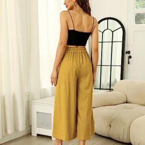 Bianstore Women's Culottes Cotton Linen Wide Leg Palazzo Pants Elastic Waist Capri Trousers with Pockets(Yellow-L)