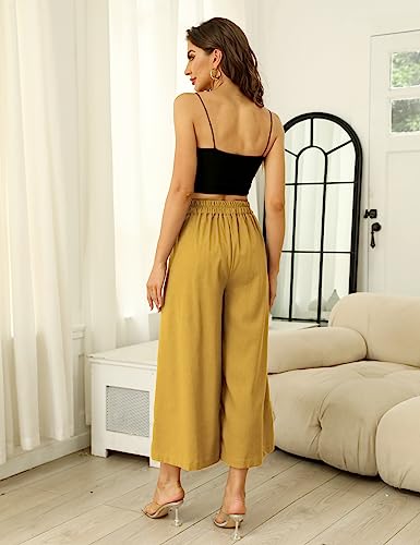 Bianstore Women's Culottes Cotton Linen Wide Leg Palazzo Pants Elastic Waist Capri Trousers with Pockets(Yellow-L)