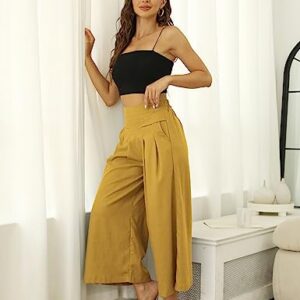 Bianstore Women's Culottes Cotton Linen Wide Leg Palazzo Pants Elastic Waist Capri Trousers with Pockets(Yellow-L)