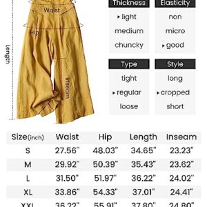 Bianstore Women's Culottes Cotton Linen Wide Leg Palazzo Pants Elastic Waist Capri Trousers with Pockets(Yellow-L)