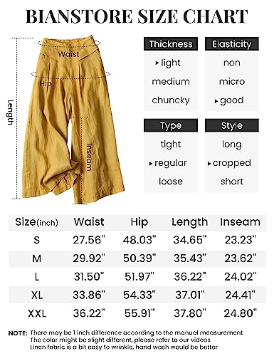 Bianstore Women's Culottes Cotton Linen Wide Leg Palazzo Pants Elastic Waist Capri Trousers with Pockets(Yellow-L)