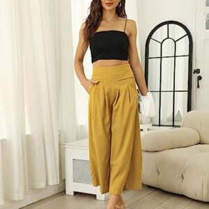 Bianstore Women's Culottes Cotton Linen Wide Leg Palazzo Pants Elastic Waist Capri Trousers with Pockets(Yellow-L)