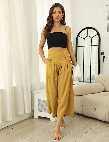 Bianstore Women's Culottes Cotton Linen Wide Leg Palazzo Pants Elastic Waist Capri Trousers with Pockets(Yellow-L)