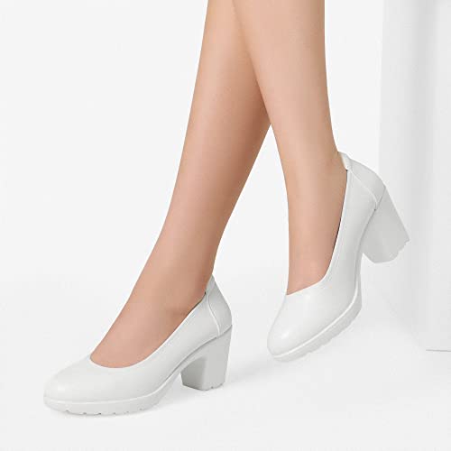 DREAM PAIRS Womens Edena Chunky Closed Toe Low Block Heels Work Pumps Comfortable Round Toe Dress Wedding Shoes, White - 10 (SDPU2230W)