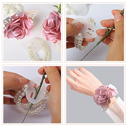 HIONXMGA Corsage Wristlet Band 4PCS Elastic Pearl Wrist Corsage Bracelets Bands, Wristlets Stretch Pearl Wedding Wristband for Wedding Party Prom Wrist DIY Handmade Corsage Supplies