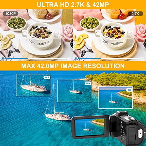 Vmotal Video Camera Camcorder Digital Camera Recorder 2.7K 42MP 3.0 Inch 270 Degree Rotation LED Light Vlogging YouTube Recorder 18X Digital Zoom with 32GB SD Card Kid Teens