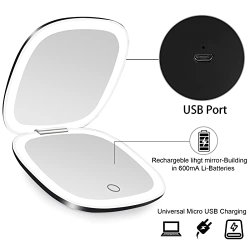 deweisn Compact Mirror, Lighted Travel Makeup Mirror with 1X/10X Magnifying Double Sided Dimmable Portable Pocket Mirror for Handbag, USB Charging(Black)