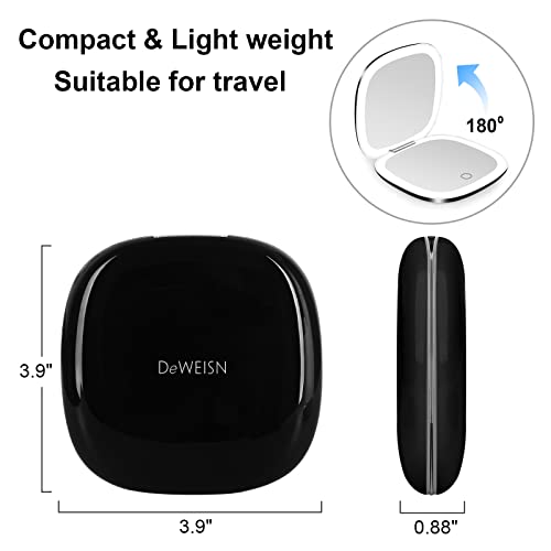 deweisn Compact Mirror, Lighted Travel Makeup Mirror with 1X/10X Magnifying Double Sided Dimmable Portable Pocket Mirror for Handbag, USB Charging(Black)