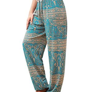 QIANXIZHAN Women's Harem Pants, Hippie Palazzo Pants Boho Joggers Yoga Clothes with Pockets Cyan Flower L