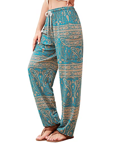 QIANXIZHAN Women's Harem Pants, Hippie Palazzo Pants Boho Joggers Yoga Clothes with Pockets Cyan Flower L