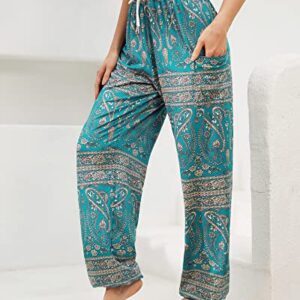 QIANXIZHAN Women's Harem Pants, Hippie Palazzo Pants Boho Joggers Yoga Clothes with Pockets Cyan Flower L