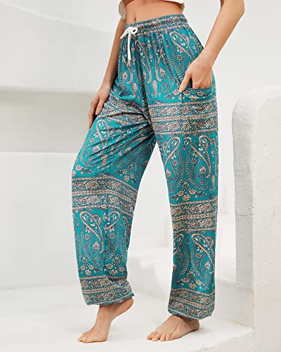 QIANXIZHAN Women's Harem Pants, Hippie Palazzo Pants Boho Joggers Yoga Clothes with Pockets Cyan Flower L