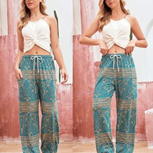 QIANXIZHAN Women's Harem Pants, Hippie Palazzo Pants Boho Joggers Yoga Clothes with Pockets Cyan Flower L