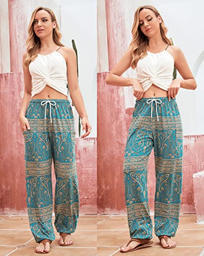 QIANXIZHAN Women's Harem Pants, Hippie Palazzo Pants Boho Joggers Yoga Clothes with Pockets Cyan Flower L