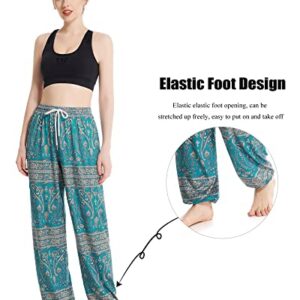 QIANXIZHAN Women's Harem Pants, Hippie Palazzo Pants Boho Joggers Yoga Clothes with Pockets Cyan Flower L