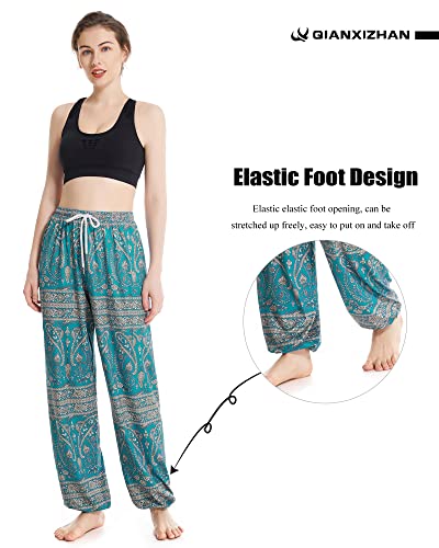 QIANXIZHAN Women's Harem Pants, Hippie Palazzo Pants Boho Joggers Yoga Clothes with Pockets Cyan Flower L