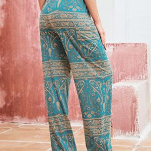 QIANXIZHAN Women's Harem Pants, Hippie Palazzo Pants Boho Joggers Yoga Clothes with Pockets Cyan Flower L