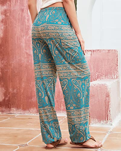 QIANXIZHAN Women's Harem Pants, Hippie Palazzo Pants Boho Joggers Yoga Clothes with Pockets Cyan Flower L