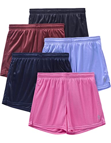 5-Pack Womens Athletic Shorts Mesh Basketball 5" Inseam Ladies Active Sports Set with Zipper Pockets (Set 2, Large)