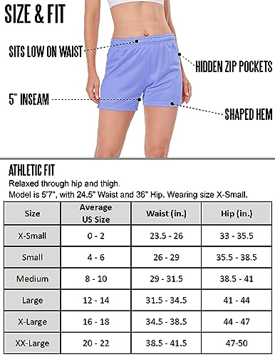 5-Pack Womens Athletic Shorts Mesh Basketball 5" Inseam Ladies Active Sports Set with Zipper Pockets (Set 2, Large)