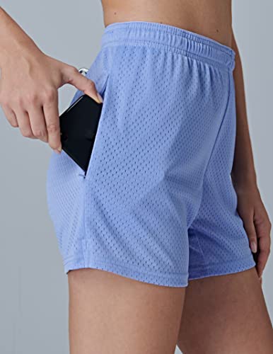 5-Pack Womens Athletic Shorts Mesh Basketball 5" Inseam Ladies Active Sports Set with Zipper Pockets (Set 2, Large)