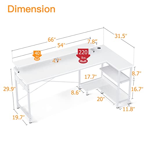 ODK Small L Shaped Desk, 66 inch Corner Desk with Reversible Storage Shelves, Computer Desk with Monitor Shelf and PC Stand for Home Office, Gaming Desk with Headphone Hooks, White