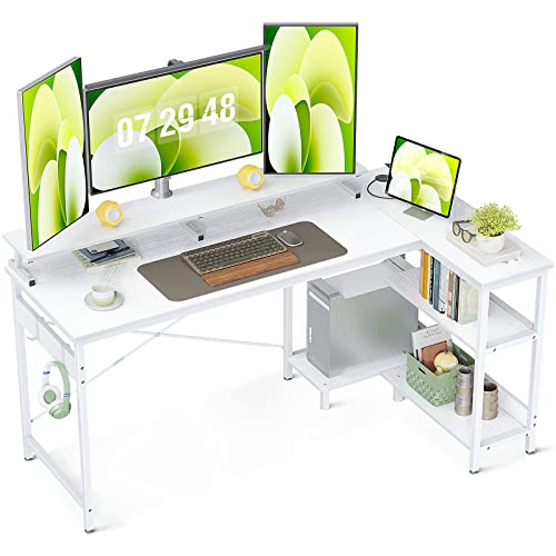 ODK Small L Shaped Desk, 58 inch Corner Desk with Reversible Storage Shelves, Computer Desk with Monitor Shelf and PC Stand for Home Office, Gaming Desk with Headphone Hooks, White