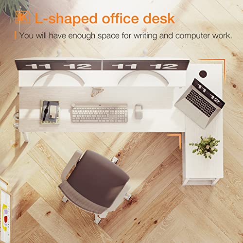 ODK Small L Shaped Desk, 58 inch Corner Desk with Reversible Storage Shelves, Computer Desk with Monitor Shelf and PC Stand for Home Office, Gaming Desk with Headphone Hooks, White