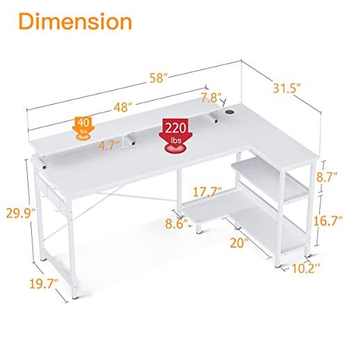 ODK Small L Shaped Desk, 58 inch Corner Desk with Reversible Storage Shelves, Computer Desk with Monitor Shelf and PC Stand for Home Office, Gaming Desk with Headphone Hooks, White