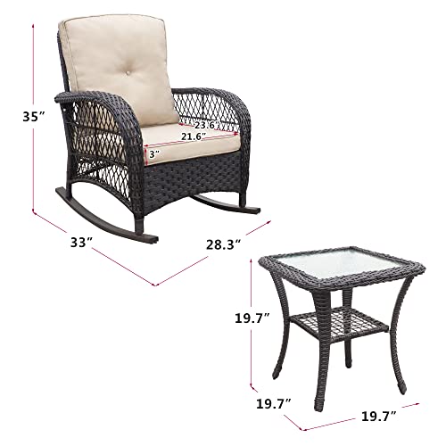 3 Pieces Outdoor Wicker Rocker Patio Bistro Set, Rocking Glider Chairs with Premium Cushions and Armored Glass Top Side Table, Elegant Wicker Patio Bistro Conversation Sets for Backyard