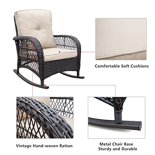 3 Pieces Outdoor Wicker Rocker Patio Bistro Set, Rocking Glider Chairs with Premium Cushions and Armored Glass Top Side Table, Elegant Wicker Patio Bistro Conversation Sets for Backyard