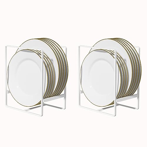 LINFIDITE Plate Holder Organizer 2 Pack Dish Storage Rack Upright Cabinet Dish Drying Rack White Metal Dish Holder Stand for Kitchen Counter Cupboard and 7.87in. x 6.29in. x 4.52in.White