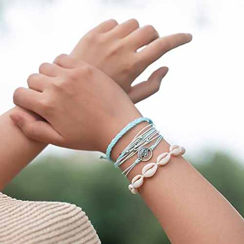 FANCY SHINY Wave String Bracelets Cute Shell Bracelets Trendy Boho Jewelry Teen Girl Gifts Handmade Stackable Rope Bracelets for Women Girls(Teal)