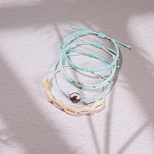 FANCY SHINY Wave String Bracelets Cute Shell Bracelets Trendy Boho Jewelry Teen Girl Gifts Handmade Stackable Rope Bracelets for Women Girls(Teal)