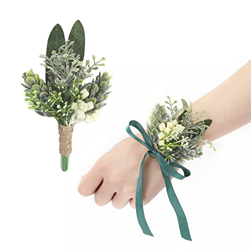 YSUCAU Corsage and Men Boutonniere Set for Wedding, Greenery Corsages Wristlet Band Bracelet for Wedding Mother of Bride and Groom, Prom Flowers