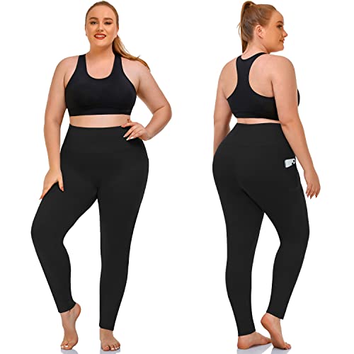 NEW YOUNG 3 Pack Plus Size Leggings with Pockets for Women,High Waist Tummy Control Workout Yoga Pants (3X-Large, Black/Black/Black)