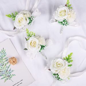 whaline 4pcs wedding white rose boutonniere and wristlet set handmade artificial rose wrist strap corsage silk satin wristband groom bride boutonniere pin for groomsmen wedding prom suit decorations