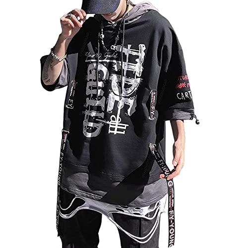 XYXIONGMAO Techwear Shirt Cyberpunk Japanese Streetwear Hip Hop Shirts for Men Graphic T Alphabet Design Workwear Casual Short-Sleeved Men's Loose Couple T-Shirt（Black-S）