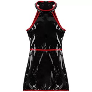 Women Sexy Leather Dress, Wetlook PVC Leather, Plus Size S-5XL, Shiny Latex Hip Skirt (XXL) Black