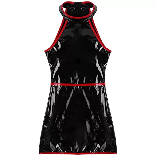 Women Sexy Leather Dress, Wetlook PVC Leather, Plus Size S-5XL, Shiny Latex Hip Skirt (XXL) Black