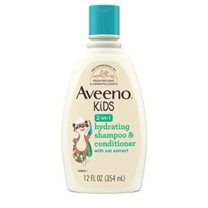 aveeno kids 2-in-1 hydrating shampoo & conditioner, gently cleanses, conditions & detangles kids hair, formulated with oat extract, for sensitive skin & scalp, hypoallergenic, 12 fl. oz