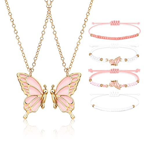 LASPERAL Butterfly Friendship Necklace BFF Necklaces for 2 Girls Best Friend Matching Necklaces Set with 4 Adjustable Woven Bracelets, Long Distance BFF Necklace Charm Friendship Jewelry for Womens