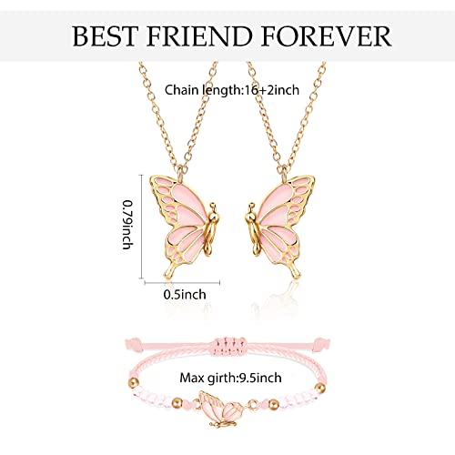 LASPERAL Butterfly Friendship Necklace BFF Necklaces for 2 Girls Best Friend Matching Necklaces Set with 4 Adjustable Woven Bracelets, Long Distance BFF Necklace Charm Friendship Jewelry for Womens