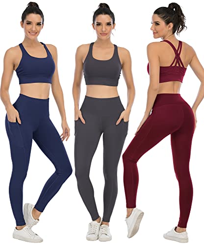 CHRLEISURE Leggings with Pockets for Women, High Waisted Tummy Control Workout Yoga Pants(Black,DGray,Navy,Wine,JLGreen, M)