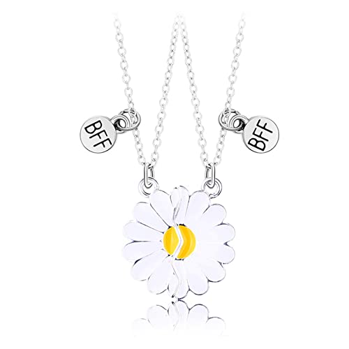 2Pcs Half Sun Sunflower Daisy Flower Pendant Necklace for Girl Women Best Friend Teen Long Distance Matching Adjustable BFF Necklace Friendship Jewelry-E silver sunflower